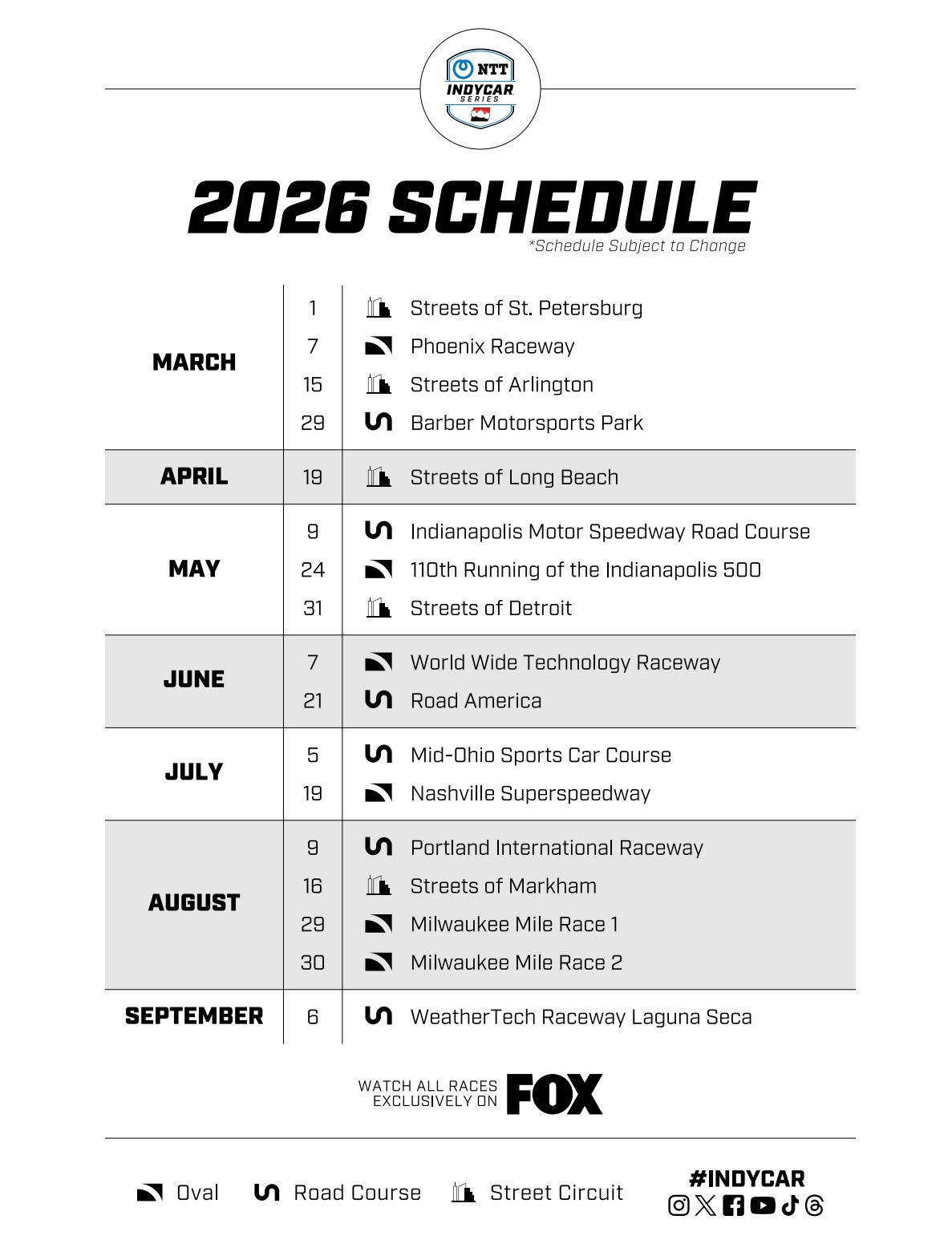 INDYCAR Announces 17-Race2026 NTT INDYCAR SERIES Schedule – The Pit ...